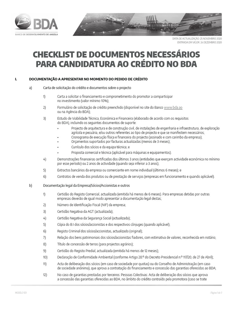 BDA - CHECKLIST - Documentos Necessários para Candidatura Ao Crédito - VF | PDF