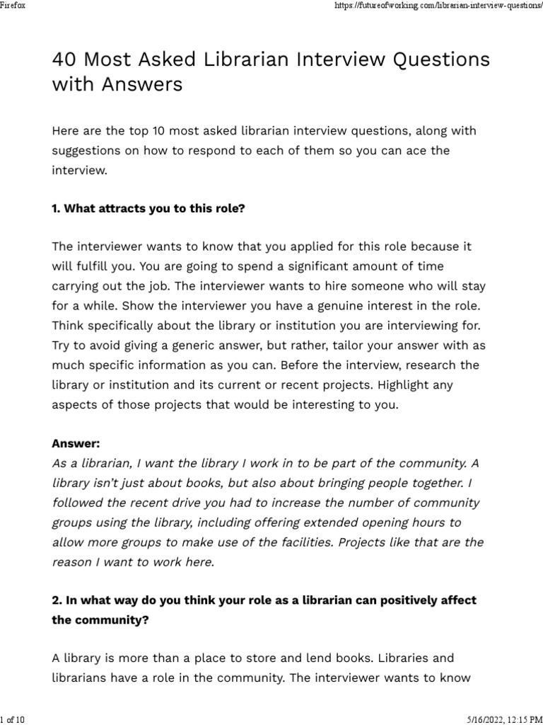 40 Most Asked Librarian Interview Questions With Answers | PDF ...