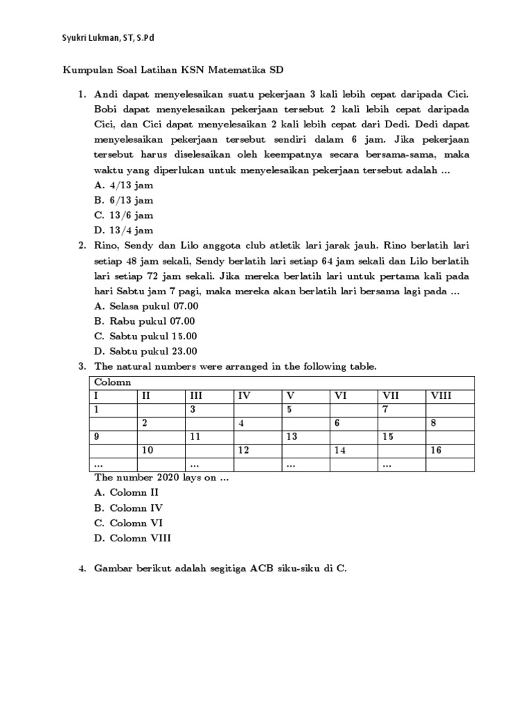 Kumpulan Soal Latihan KSN Matematika SD | PDF