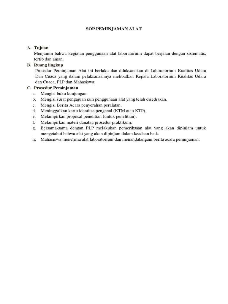 SOP Peminjaman Alat Lab KUC | PDF | Sains & Matematika