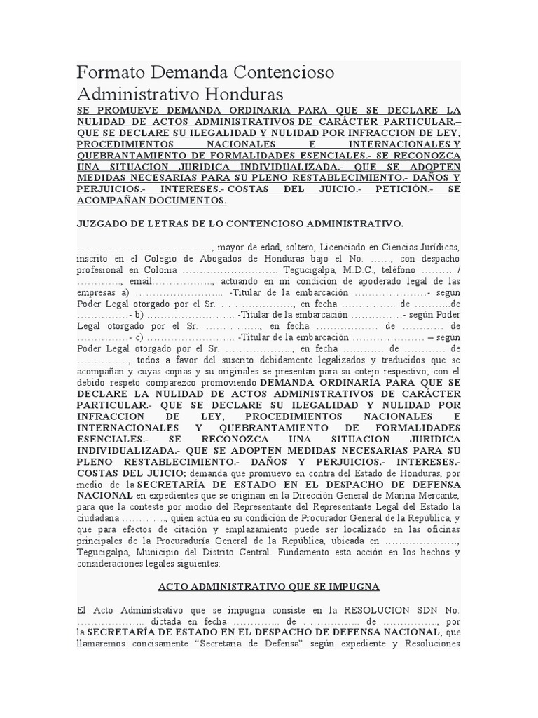 Formato Demanda Contencioso Administrativo Honduras | PDF | Debido al ... Formato Demanda Contencioso Administrativo Honduras | PDF | Debido al ...