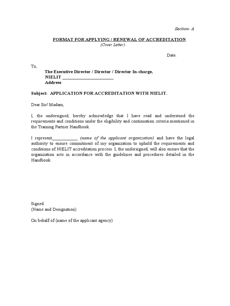 Format For Applying / Renewal of Accreditation: (Cover Letter) | PDF ...