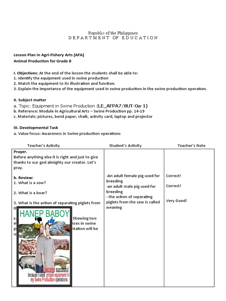 Lesson Plan in Agri-Fishery Arts (AFA) Animal Production For Grade 8 I ...