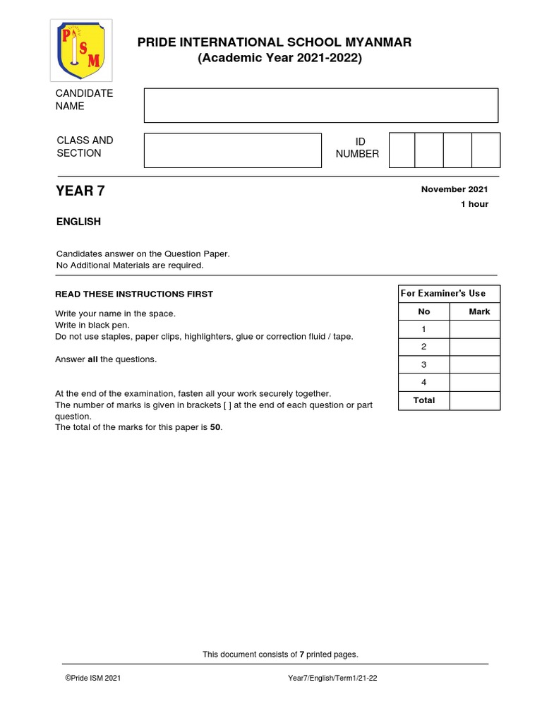 Year 7: Pride International School Myanmar (Academic Year 2021-2022 ...
