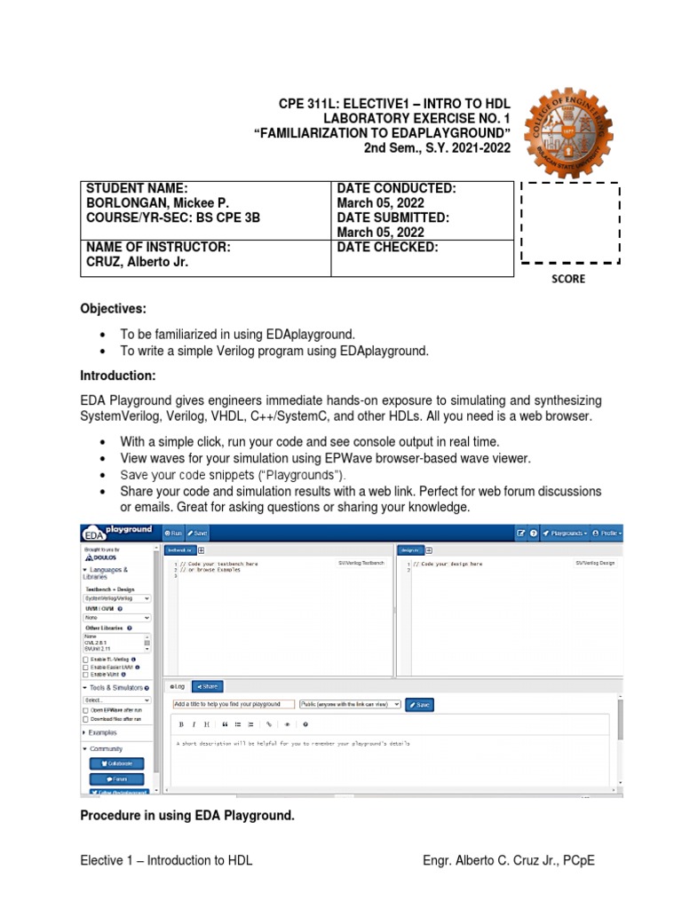 Week 1 - HDL Lab Exercise No. 1 | PDF | Hardware Description Language | Software Engineering