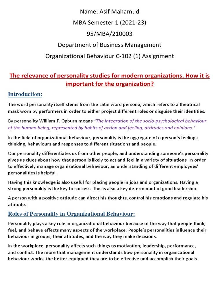 Personality's Role in Organizational Behavior | PDF | Creativity ...