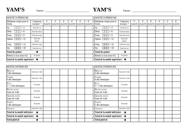 Feuille de score Yams à imprimer | PDF | Gaming | Jeux de hasard