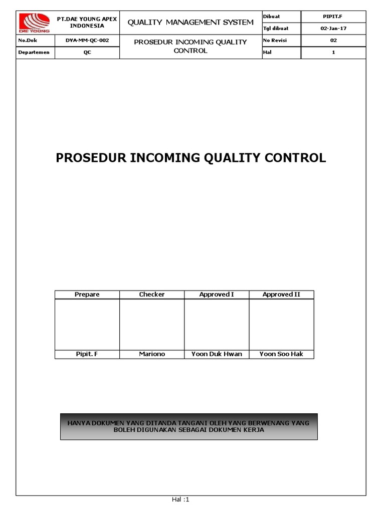 02.QC .Prosedur Incoming Quality Control DYA-MM-QC-002 | PDF