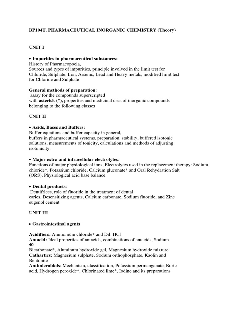 Pharmaceutical Inorganic Chemistry Sem 1 Syllabus | PDF | Sodium | Diet ...
