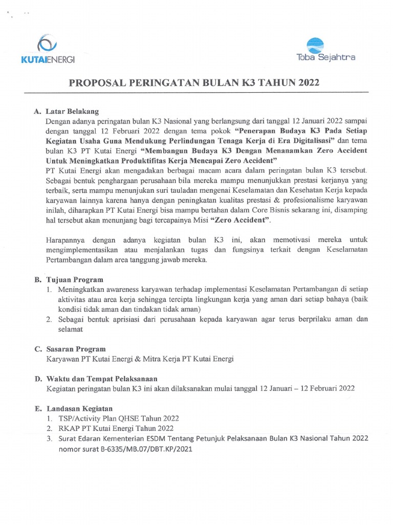 040122-Proposal Rencana Kegiatan Bulan K3 Tahun 2022 | PDF