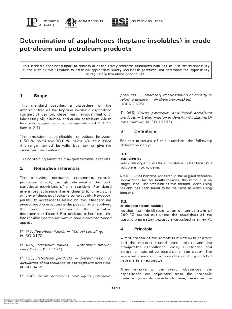 Asphaltene Content Determination IP 143 | PDF | Petroleum | Distillation