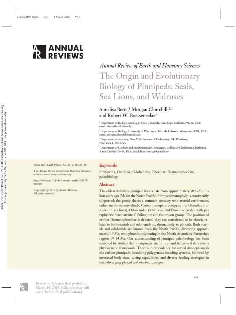 The Origin and Evolutionary Biology of Pinnipeds Seals, Sea Lions, and ...
