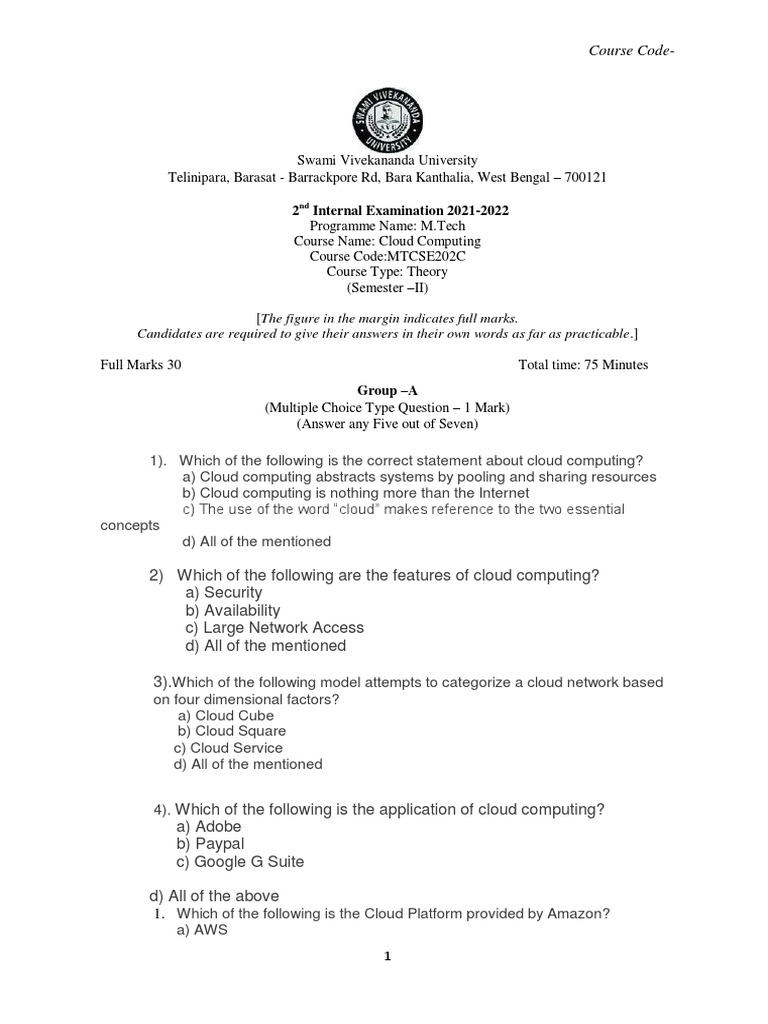 Cloud Computing Question Paper | PDF | Cloud Computing | Computing