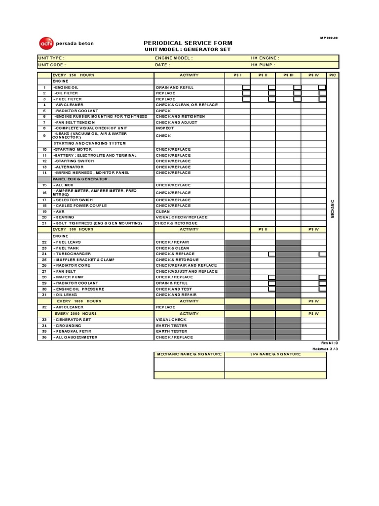 Periodical Service Form: Unit Model: Generator Set | PDF | Engines ...