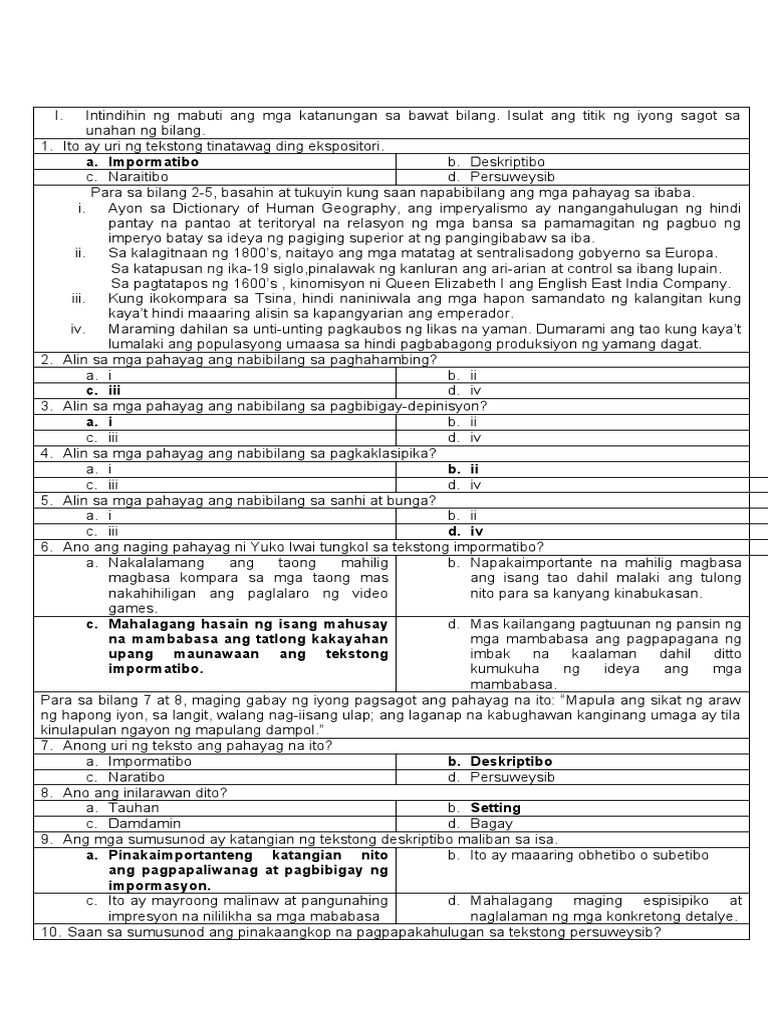 G11 MIDTERM EXAM Pagbasa at Pagsusuri | PDF