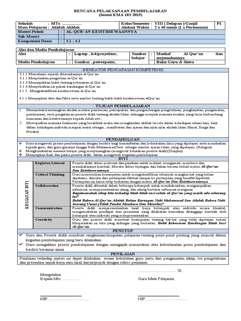 RPP Akidah Akhlak Kelas VIII | PDF