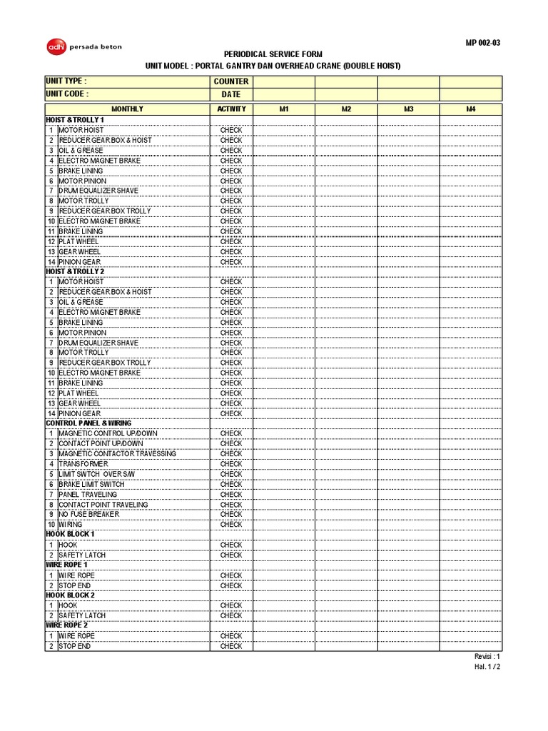 Check Sheet OHC & PG (Double) | PDF | Crane (Machine) | Electrical ...