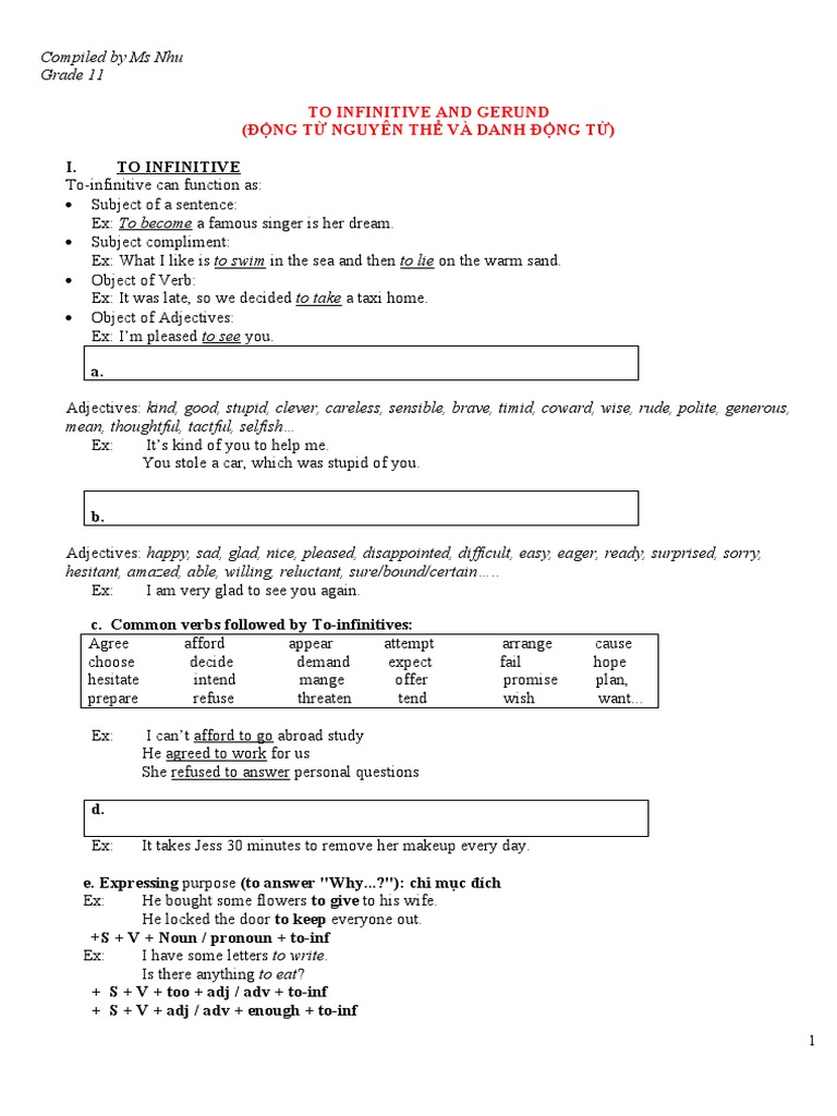 To Infinitivebare Inf Gerund Handout | PDF | Verb | Language Arts ...