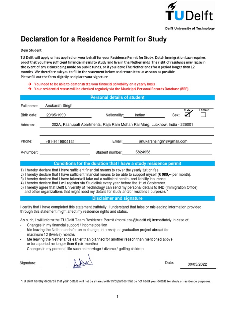 Study Residence Permit Declaration | PDF