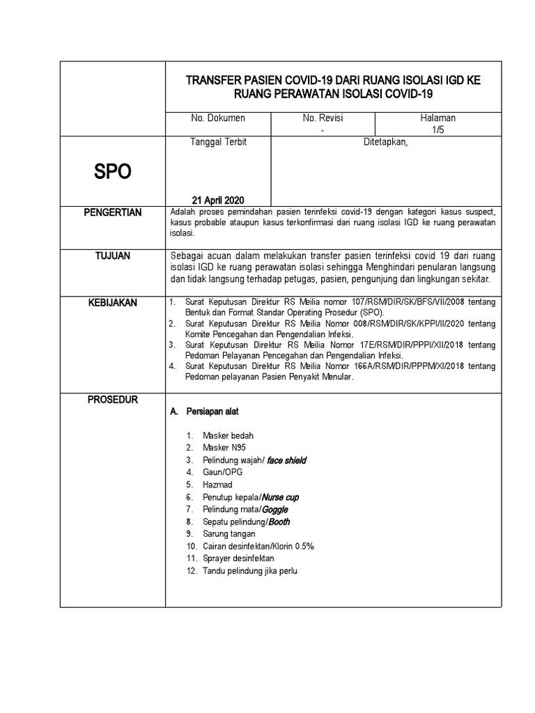 SPO Transfer Igd Ke Isolasi | PDF