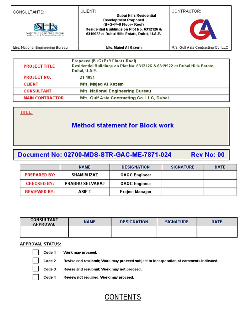 Block Work Method Statement for Dubai | PDF | Mortar (Masonry) | Masonry