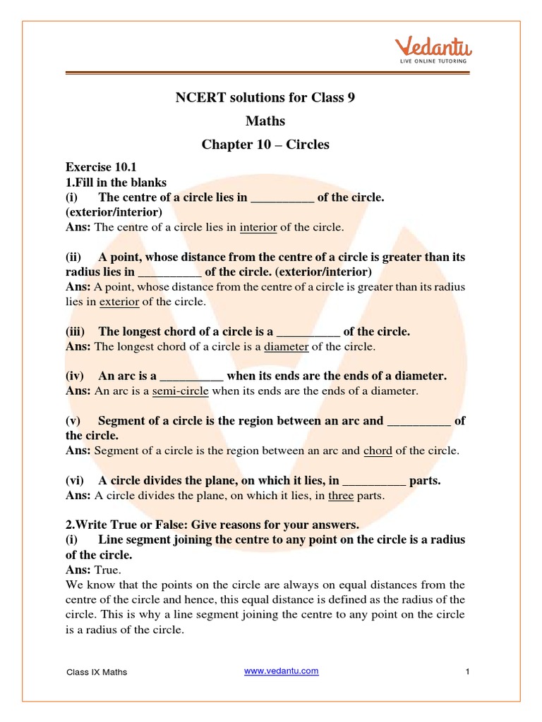 NCERT Solutions For Class 9 Maths Chapter 10 - Circles | PDF | Circle | Perpendicular
