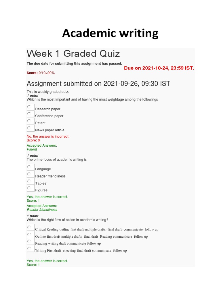 Academic Writing Weekly Quiz | PDF | Cognitive Science | Publishing