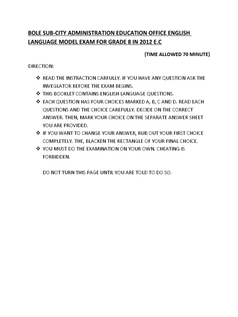 English Model Exam Grade 8 | PDF | Water | Water Pollution