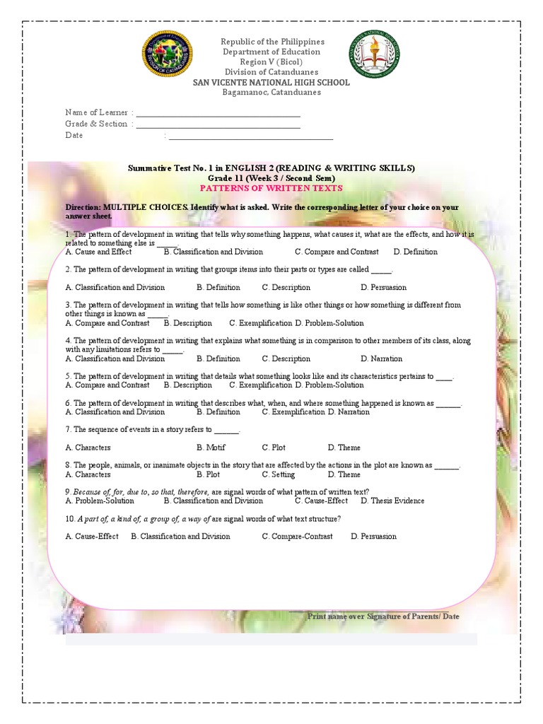 Summative Test No.1 ENGLISH 2 WEEK4 (PATTERNS OF WRITTEN TEXTS) | PDF ...