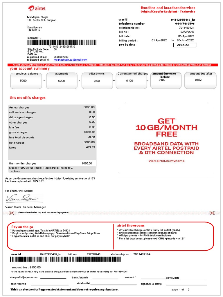 Airtel Broadband Bill Apr To Jun 22 | PDF | Cheque | Fee