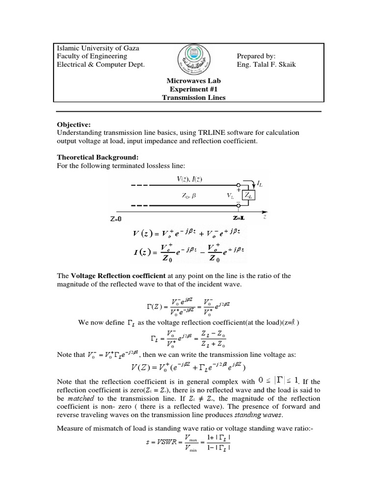 Microwaves Lab Experiment #1 Transmission Lines: e e e V Z V | PDF ...