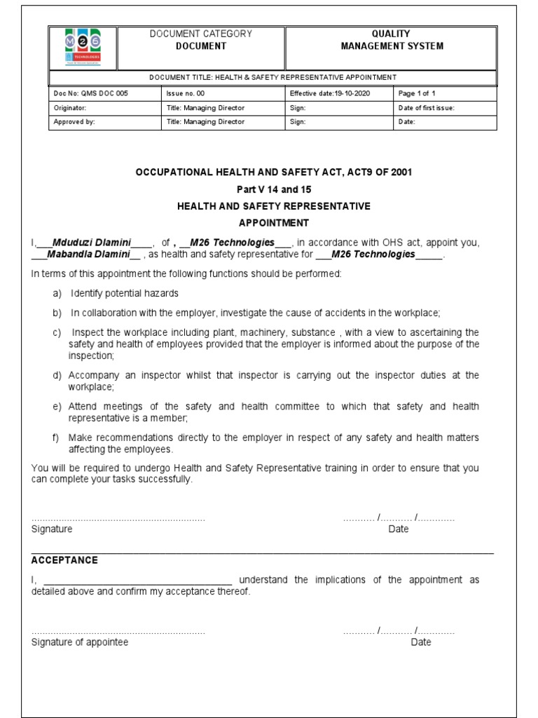 Qms Doc 005 Health & Safety Representative Appointment | PDF ... Qms Doc 005 Health & Safety Representative Appointment | PDF ...