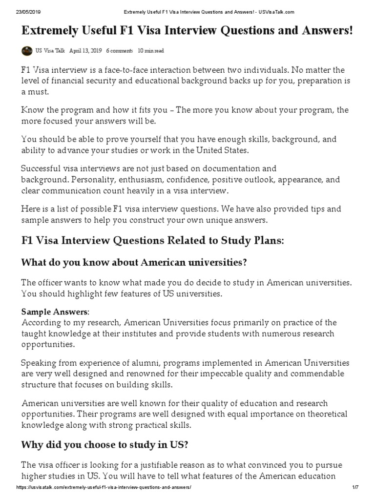 Extremely Useful F1 Visa Interview Questions and Answers! | PDF ...