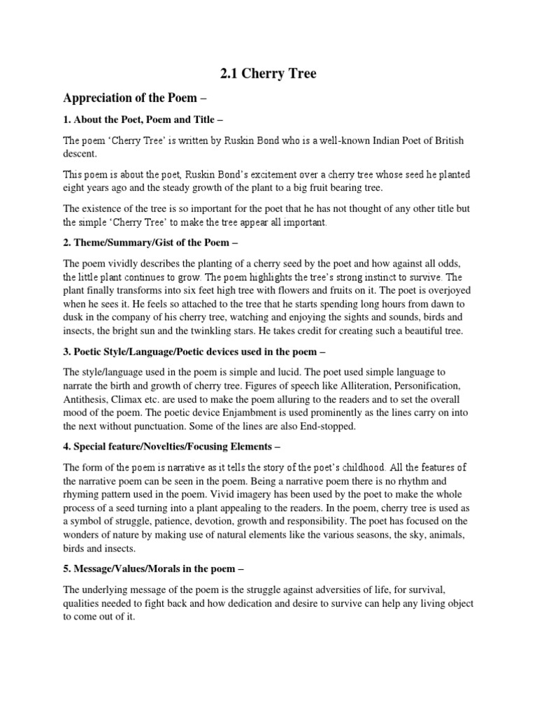 2.1 Appreciation of The Poem Cherry Tree | PDF | Poetry | Trees