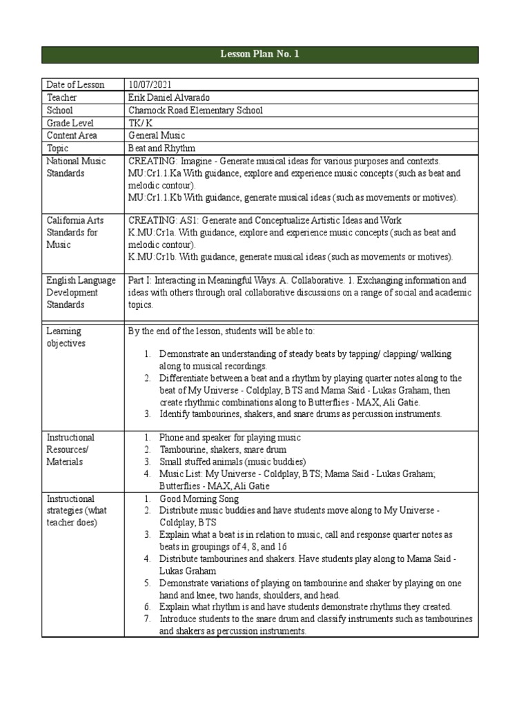 Lessonplan Beat and Rhythm | PDF | Rhythm | Learning