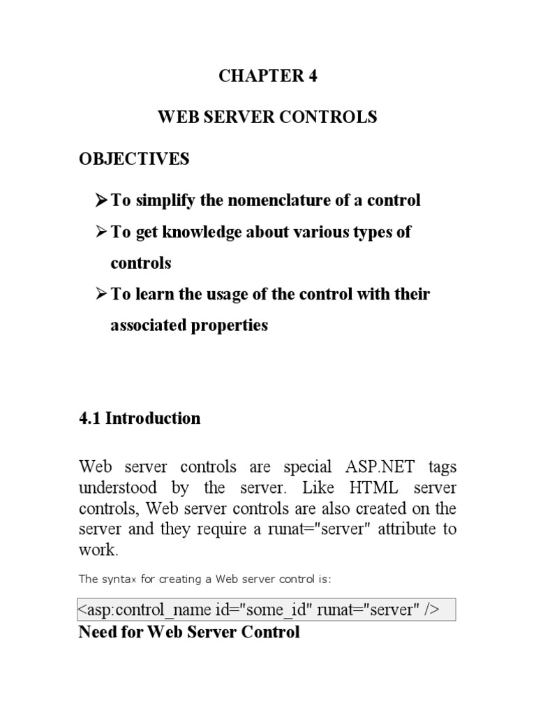 Web Server Controls Objectives: The Syntax For Creating A Web Server ...