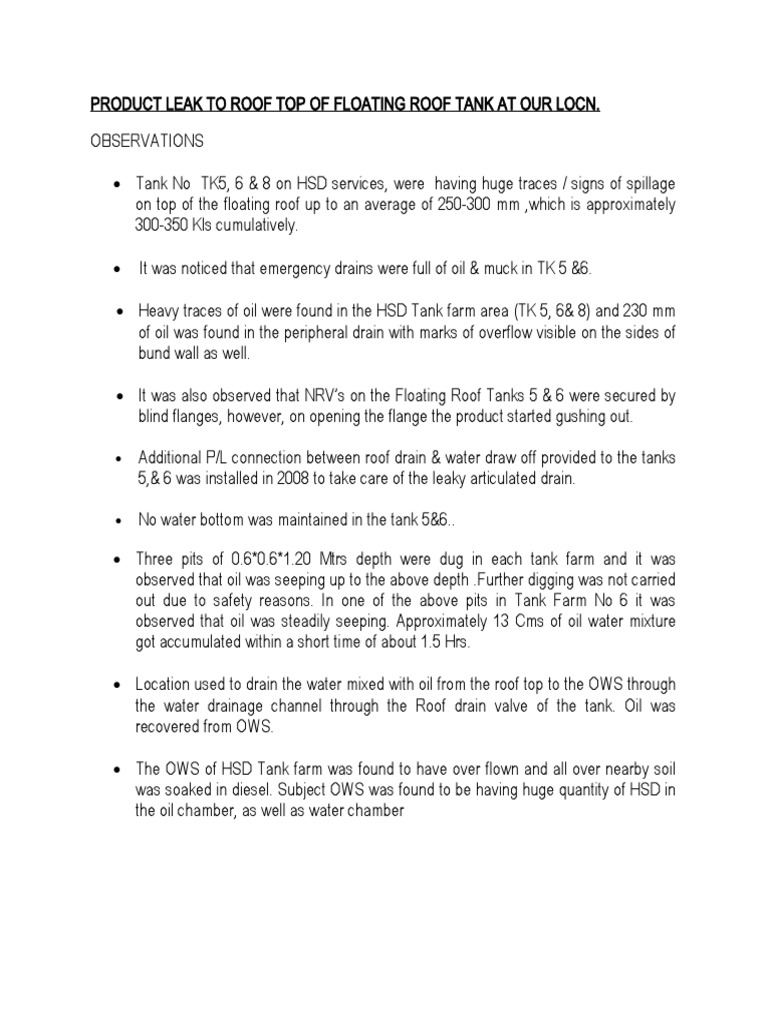 Case of Product Leak To Roof Top of Efr Tank | PDF