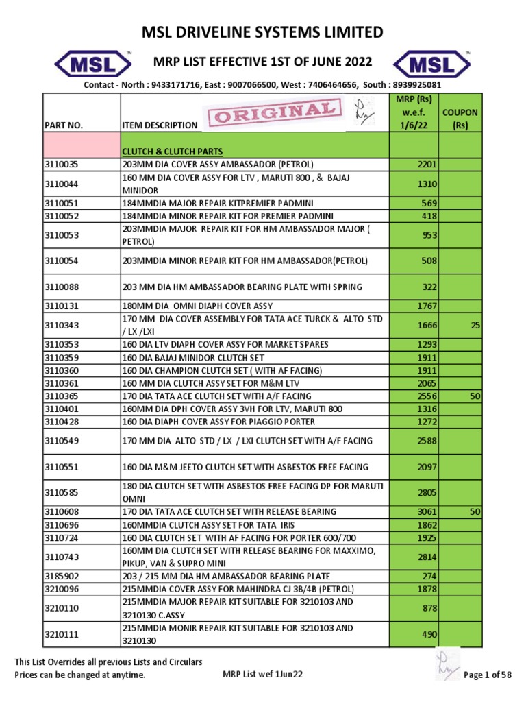 MSL MRP List 1JUN2022 | PDF | Clutch | Automotive Technologies
