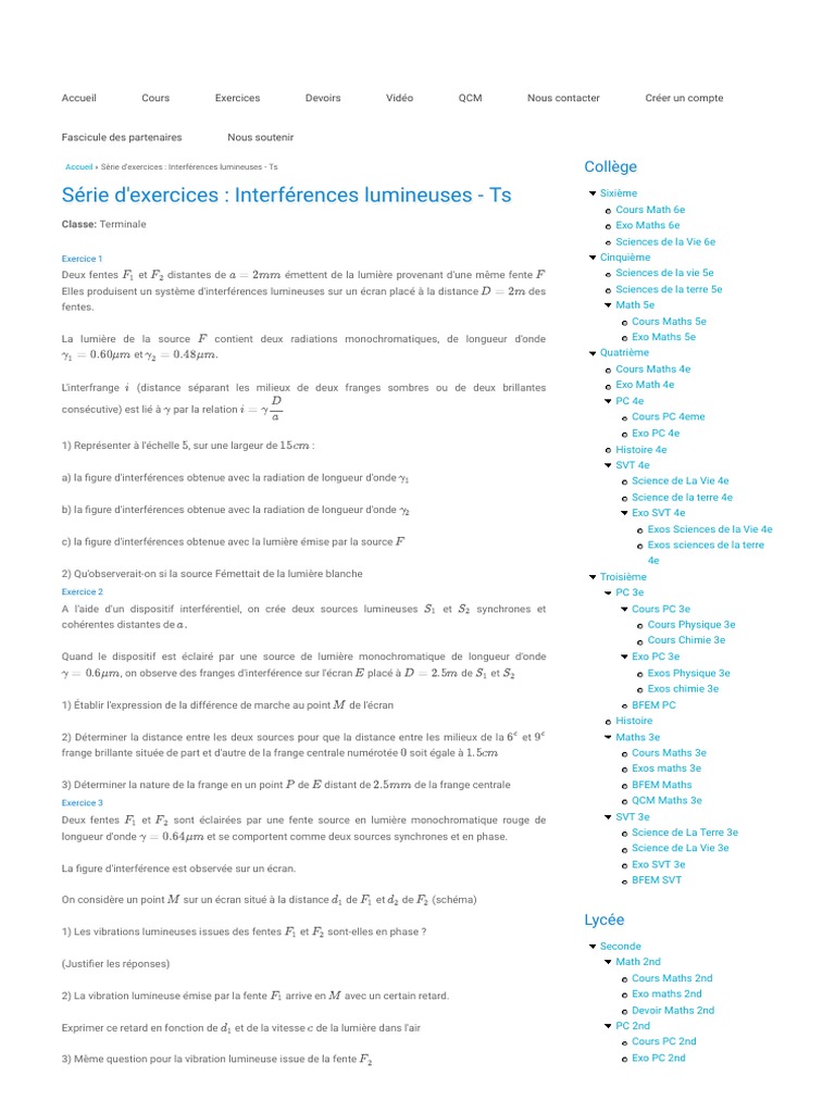 Série D'exercices - Interférences Lumineuses - Ts - Sunudaara | PDF | Lumière | Longueur d'onde