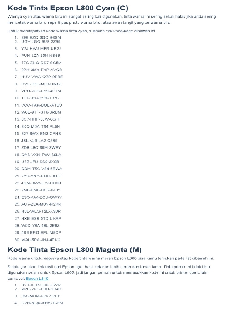 Kode Tinta Epson L800 Lengkap | PDF | Komputer | Teknologi & Rekayasa