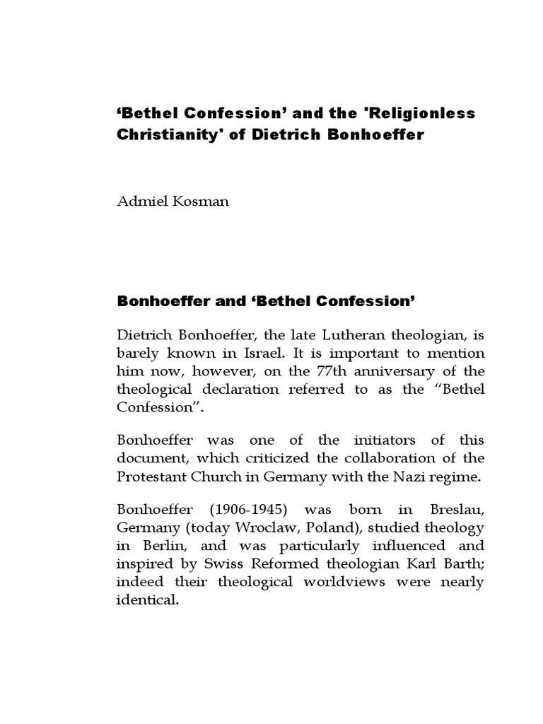 Bethel Confession and The "Religionless Christianity" of Dietrich ...