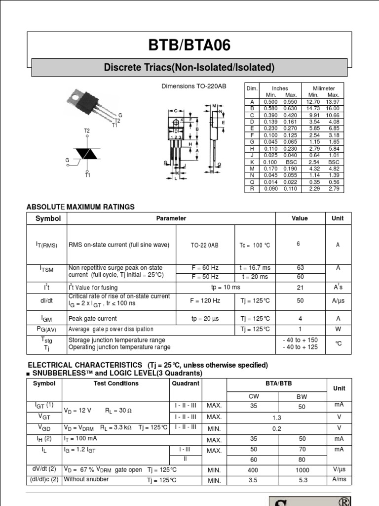 BTB/BTA06: Discrete Triacs (Non-Isolated/Isolated) | PDF