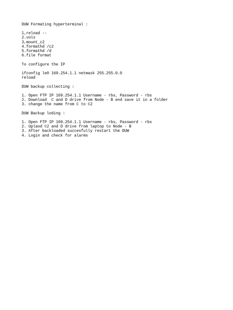 DUW Formating CMD & Backup Loading MOP | PDF