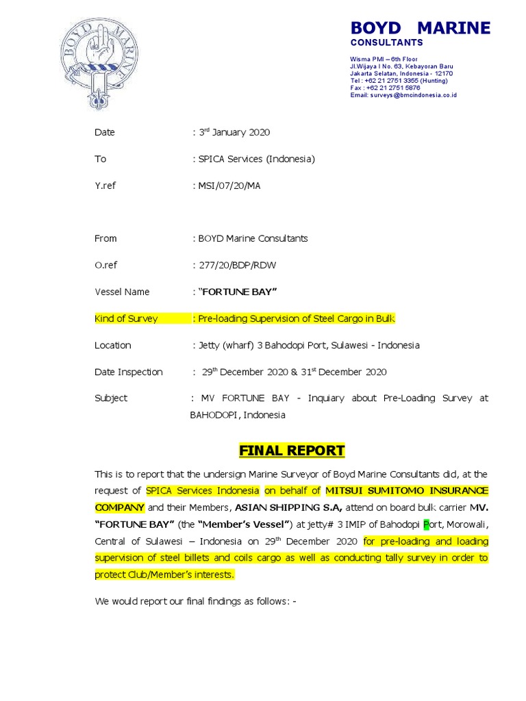 Pre-Loading Survey Report for MV Fortune Bay Carrying Steel Cargo from ...