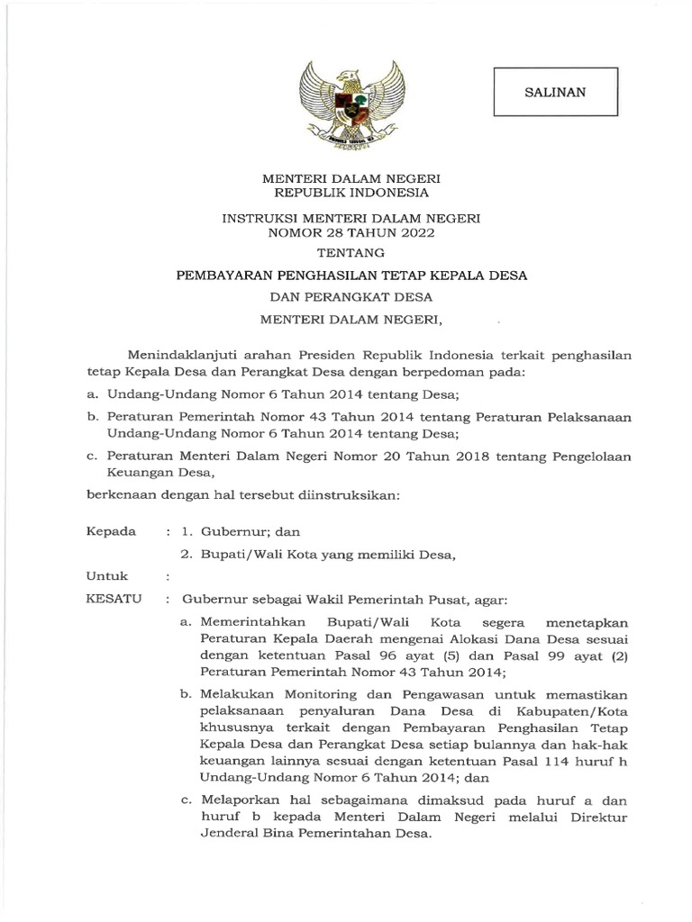 Intruksi Mendagri Tentang Siltap Kades Dan Perangkat Desa | PDF