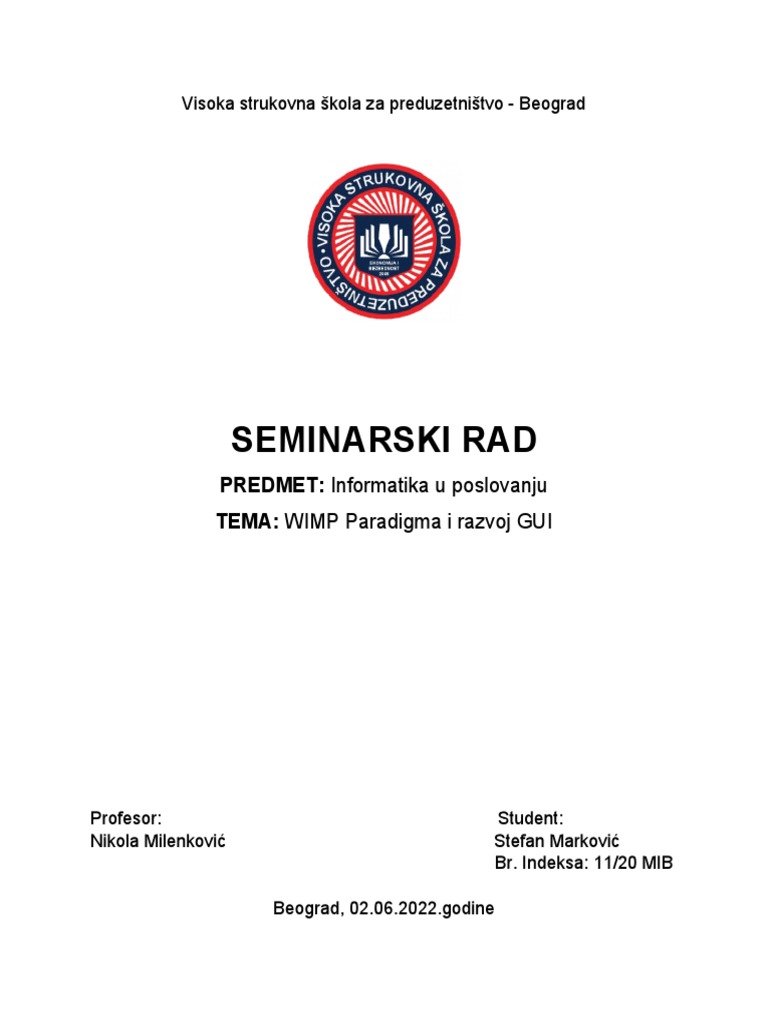 Seminarski Rad - Informatika - WIMP Paradigma 06.06.2022 | PDF