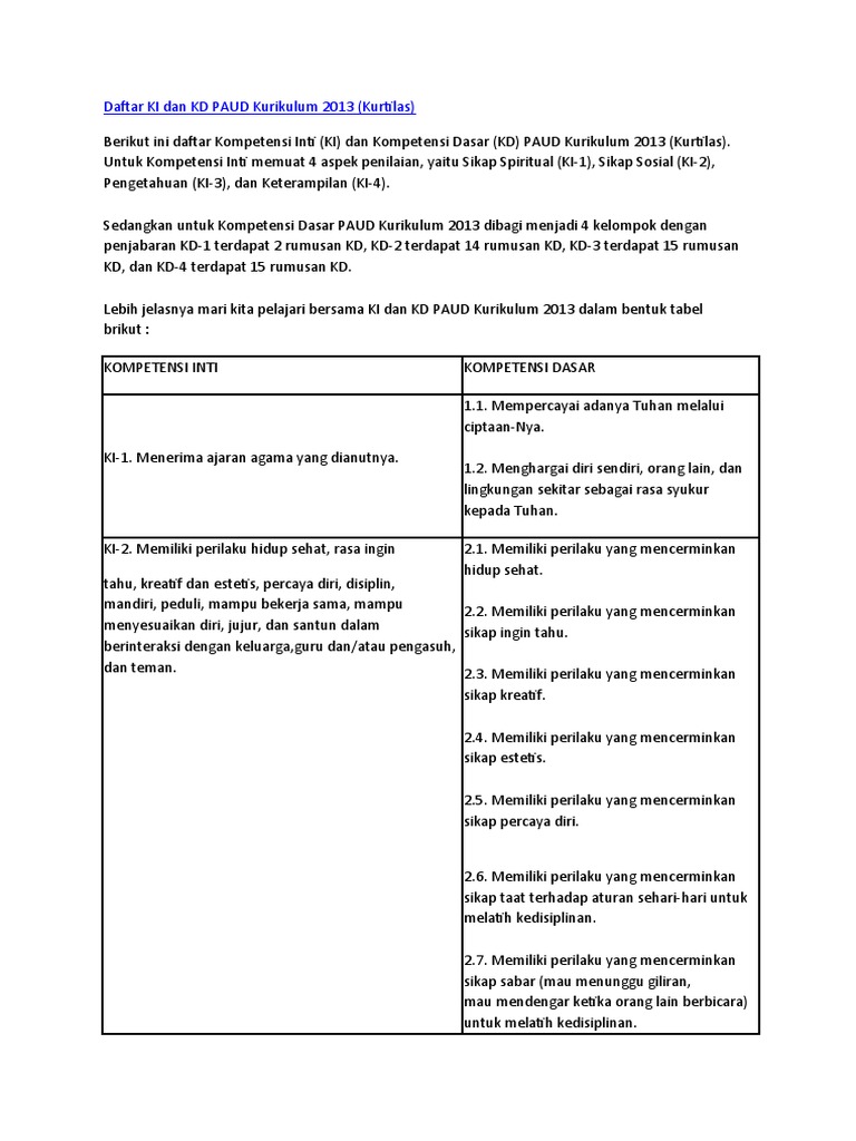 Daftar KI Dan KD PAUD Kurikulum 2013 | PDF