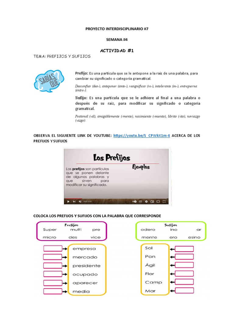 Actividad #1 - Semana #4 - Prefijos y Sufijos | PDF | Artes del ...