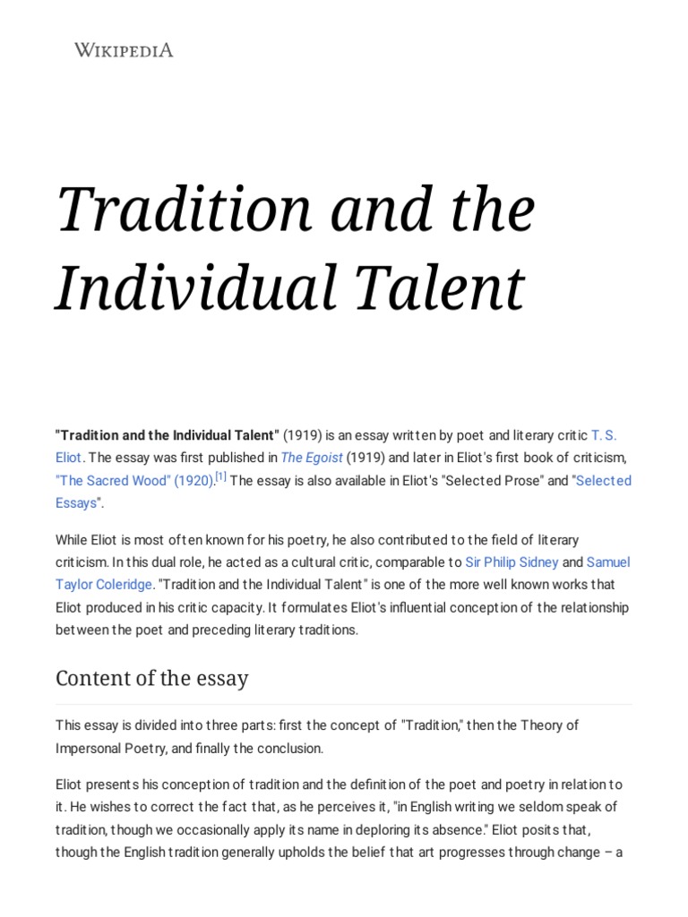 Tradition and The Individual Talent: Content of The Essay | PDF