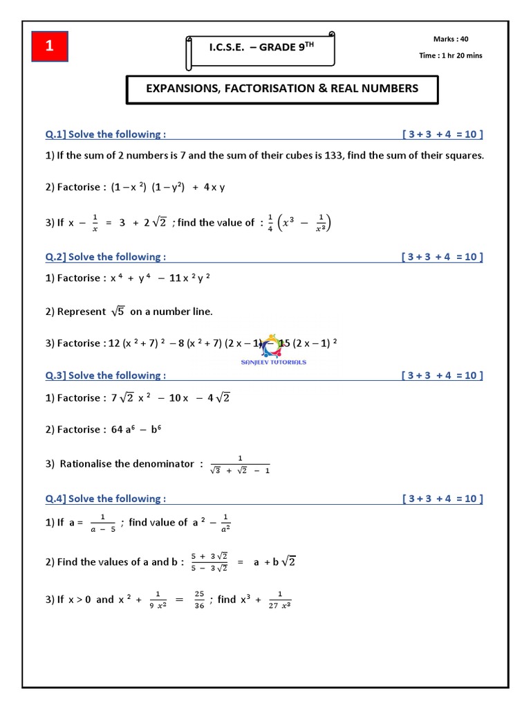 Expansions, Factorisation & Real Numbers: I.C.S.E. - Grade 9 | PDF
